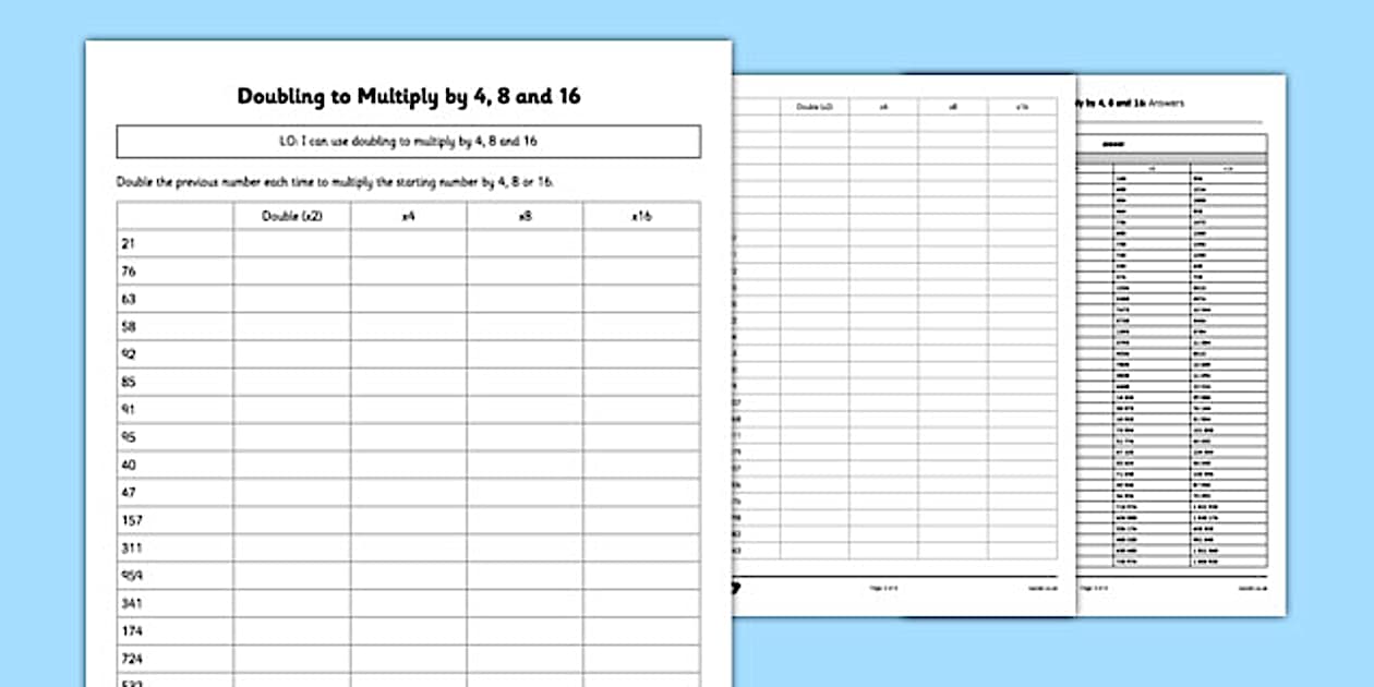 Doubling to Multiply by 4, 8 and 16 Worksheet / Worksheet Pack