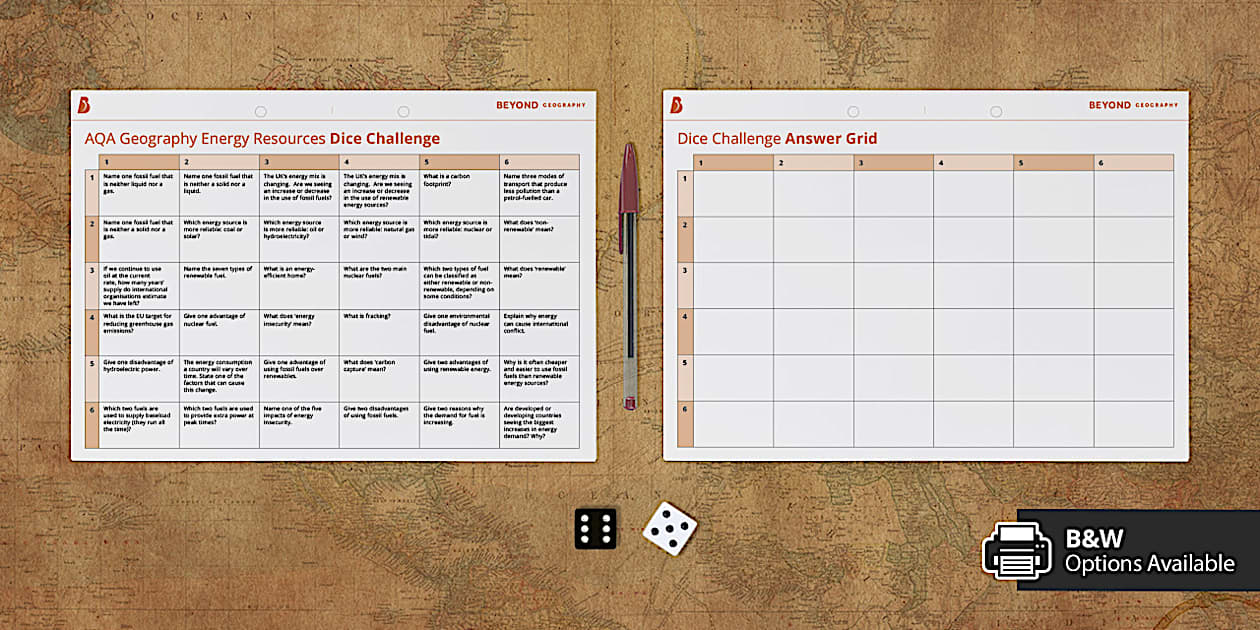 AQA Geography Energy Resources Revision Dice Challenge