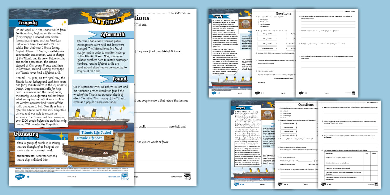 UKS2 Titanic Differentiated Reading Comprehension Activity