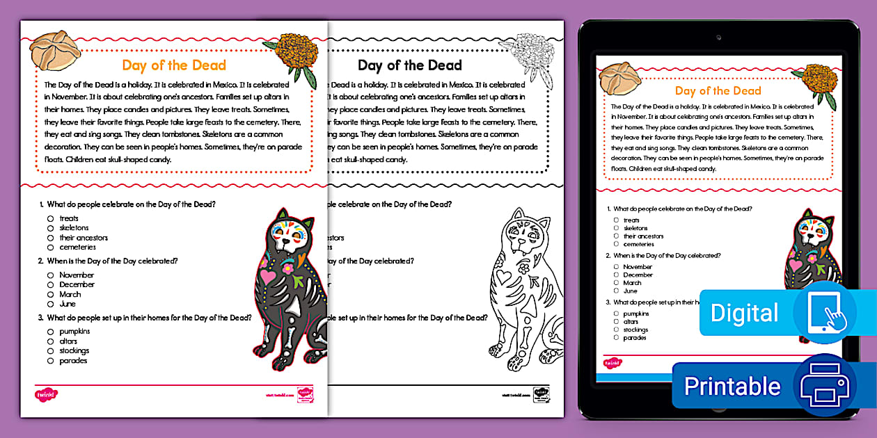 Kindergarten Day of the Dead Reading Passage Comprehension