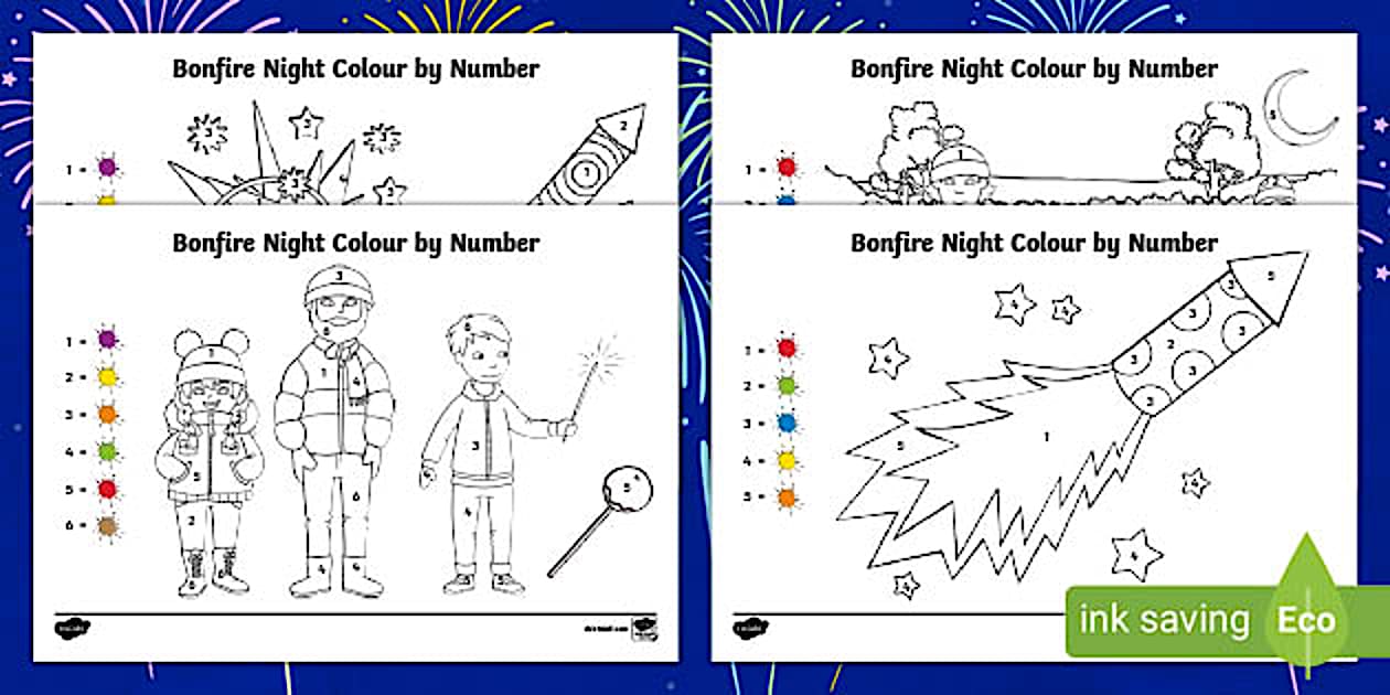 EYFS Bonfire Night Colour by Number Activity Sheets - Twinkl