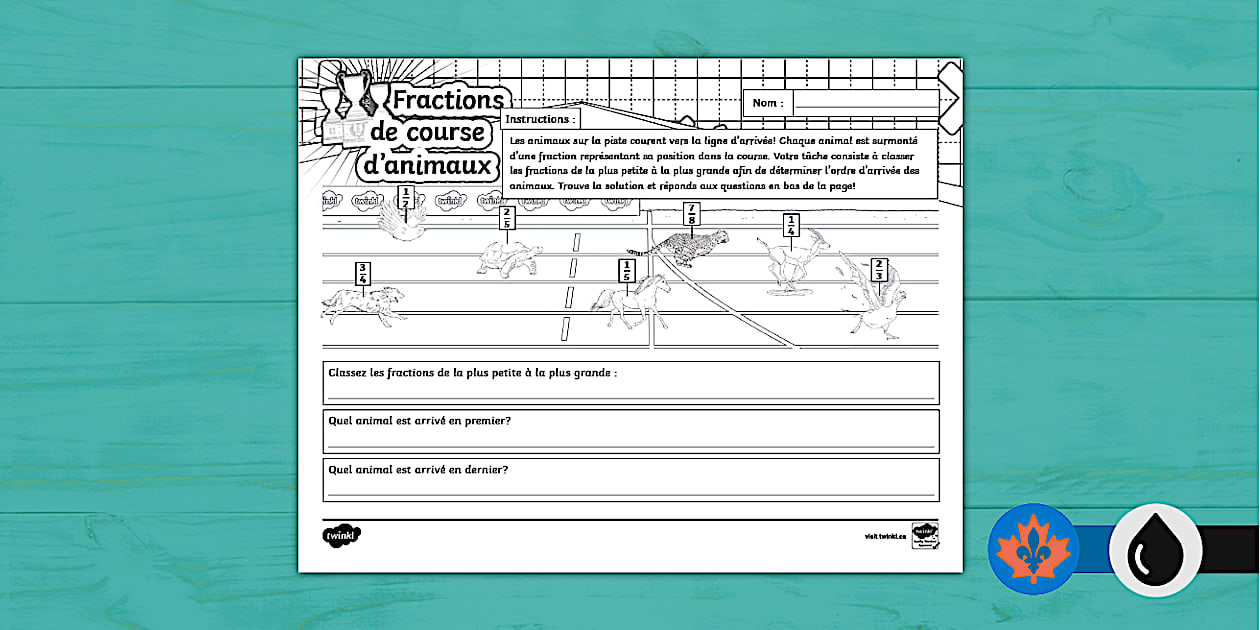 Animal Race Ordering Fractions Activity Sheet French