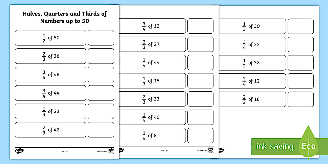 Halves, Quarters and Thirds of Numbers up to 50 Worksheet - Half and ...