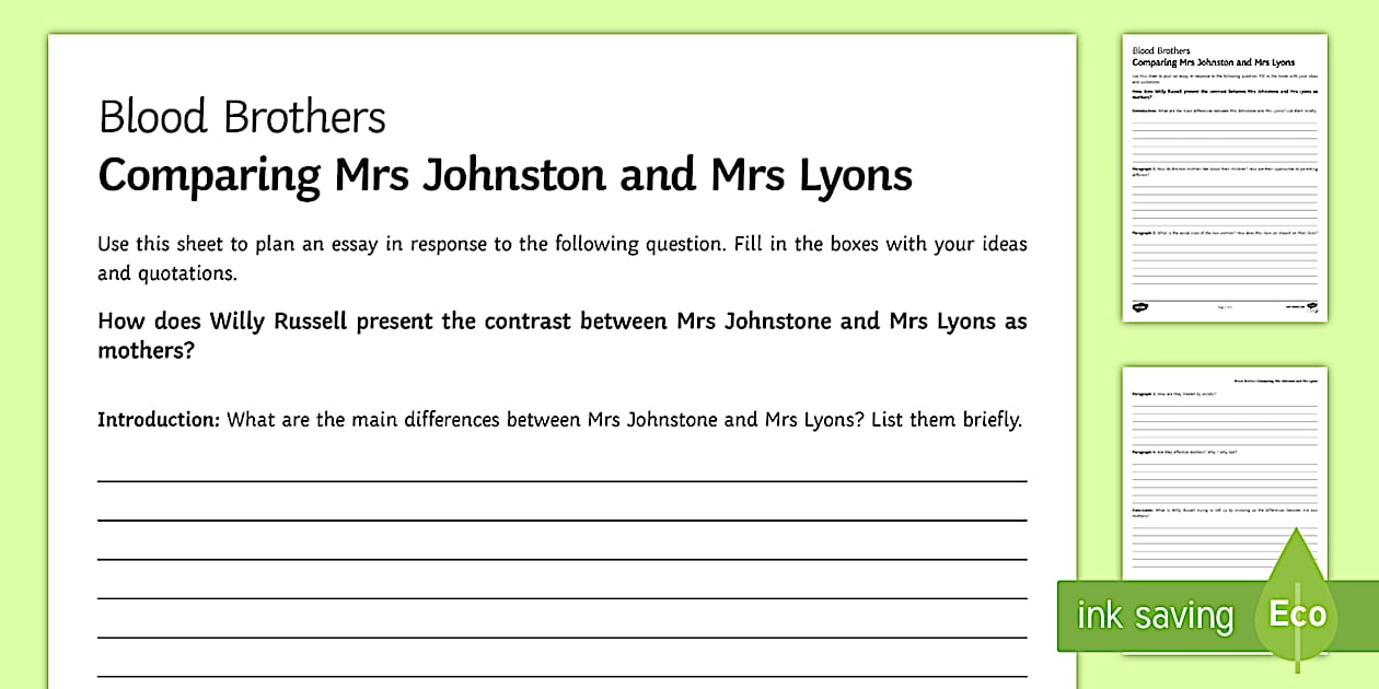 Blood Brothers Mrs Johnston and Mrs Lyons LA Essay Plan Worksheet ...