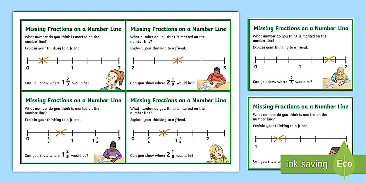 Black and White Missing Fractions on a Number Line Discussion Cards
