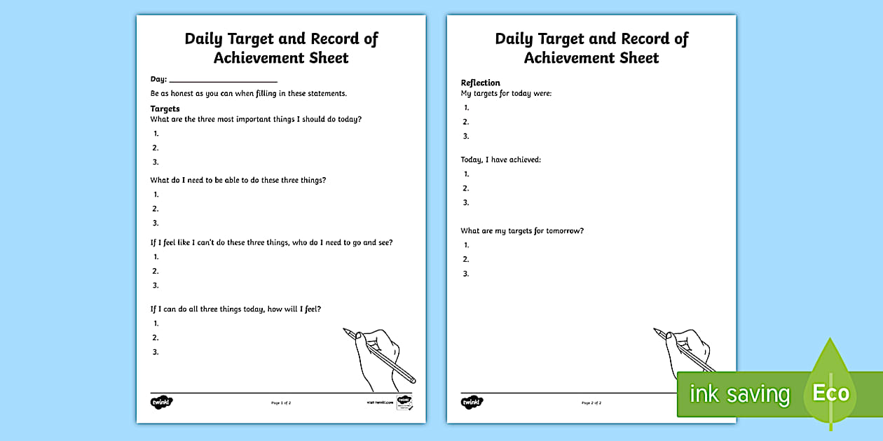 Daily Target and Record of Achievement Sheet Worksheet