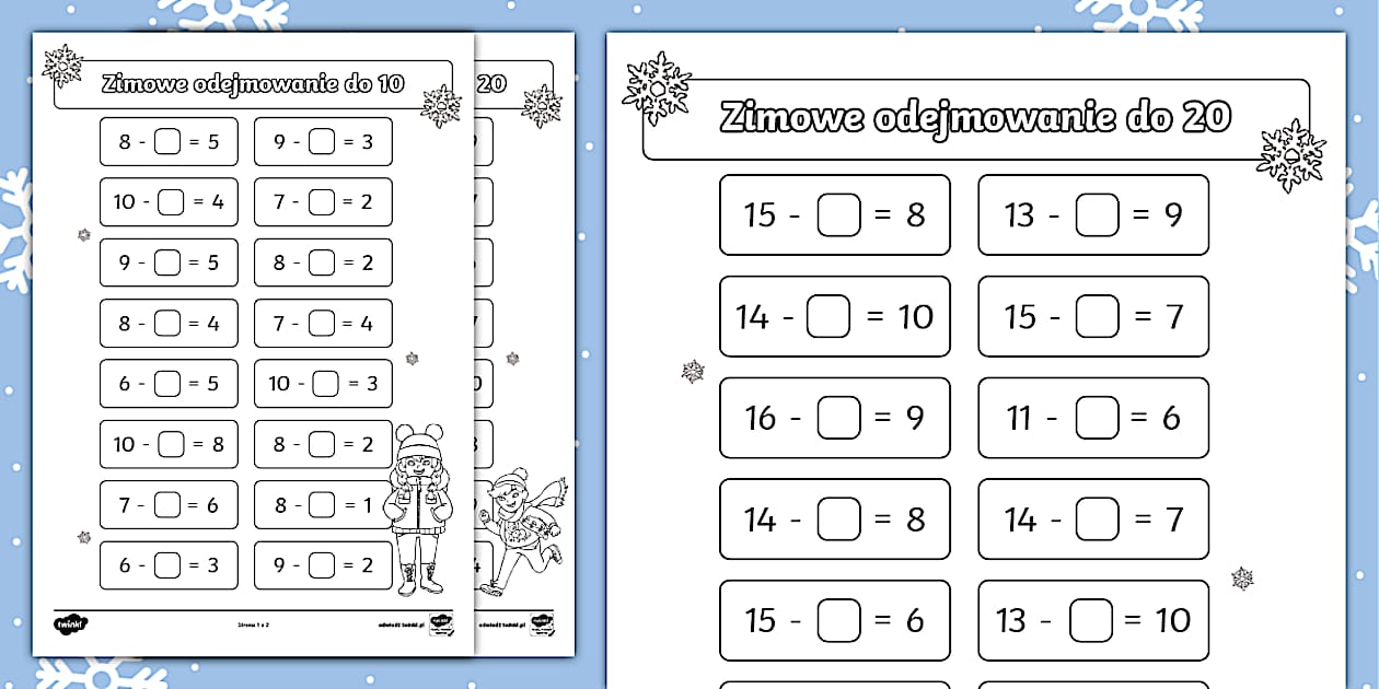 Zimowe odejmowanie do 10 i 20 | Karta pracy z okienkami