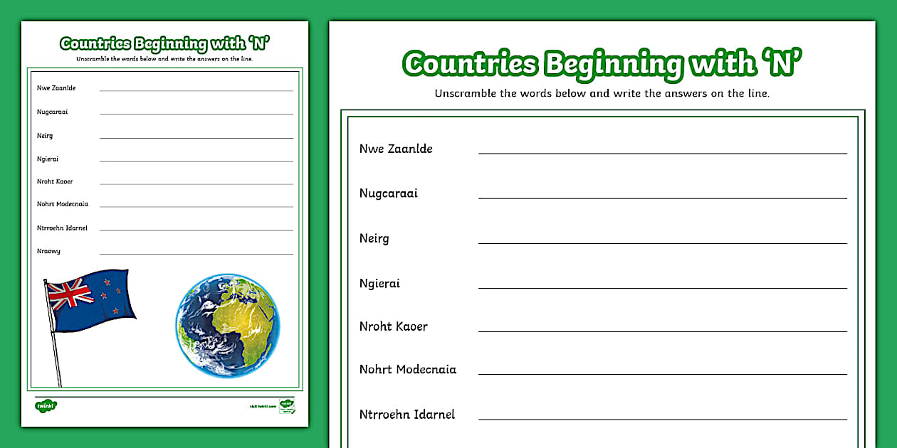 Countries Beginning with 'N' Unscramble Worksheet
