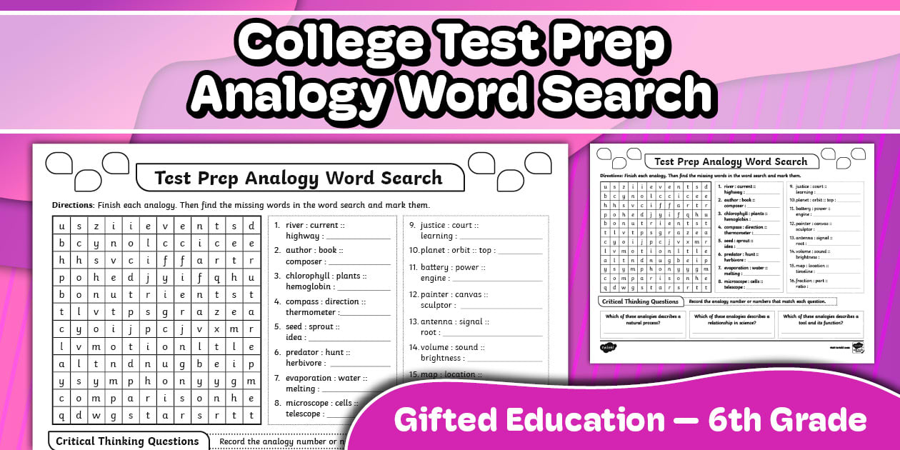 College Test Prep Analogy Word Search for Gifted Education