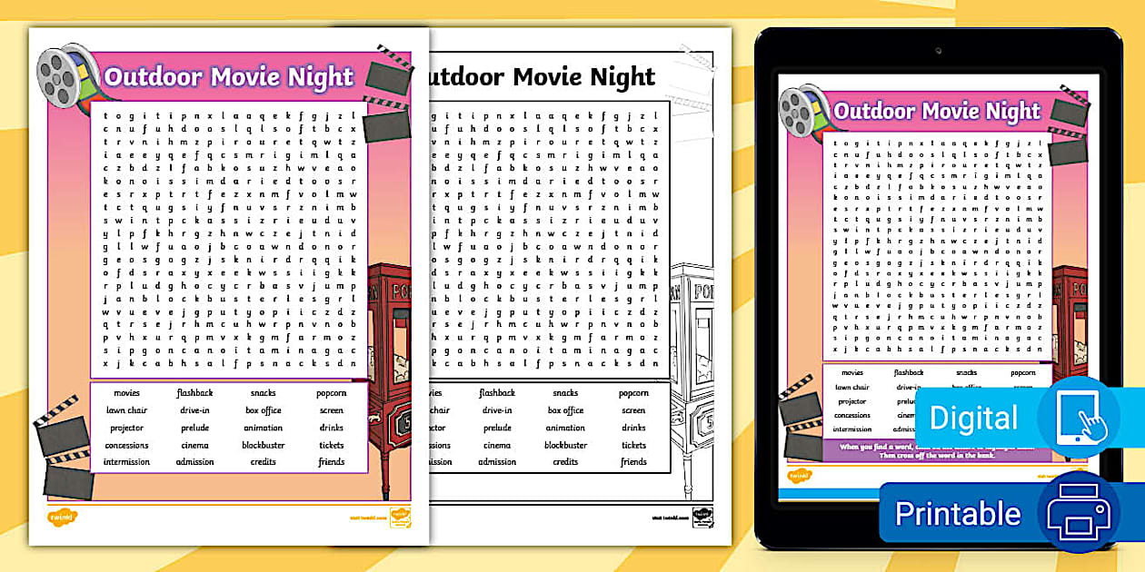 Summer Outdoor Movie Night Word Search for 6th-8th Grade