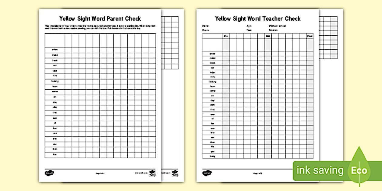 Yellow Reading Sight Words Checklist (teacher made) - Twinkl