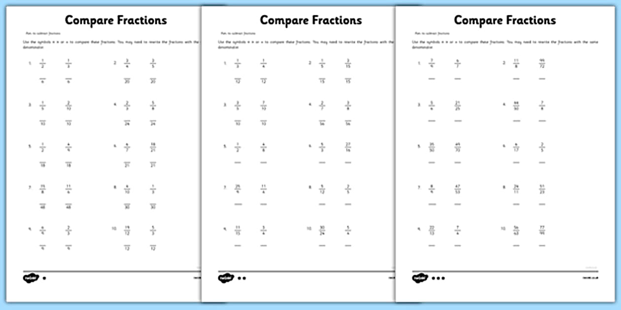 Year 6 Compare Fractions Worksheet (teacher made) - Twinkl