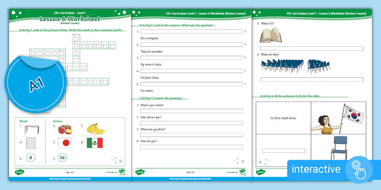 ESL Curriculum Level 1, Lesson 6 PDF Interactive Worksheet