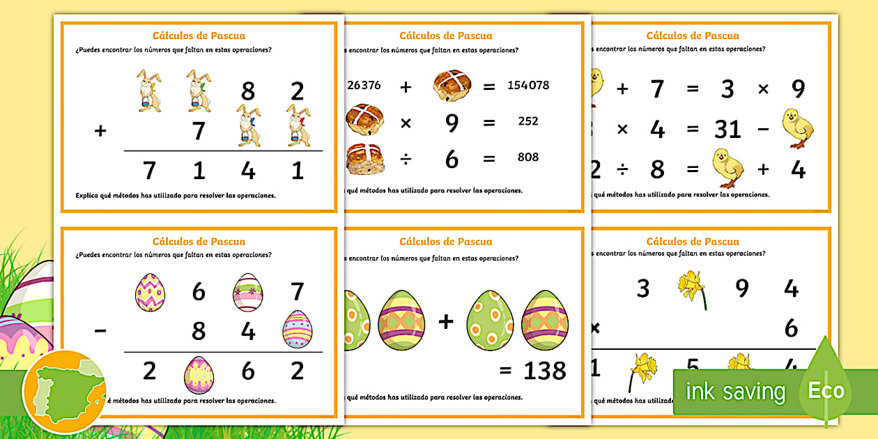 Tarjetas de desafío matemático: Cálculos de Pascua - Encuentra los ...