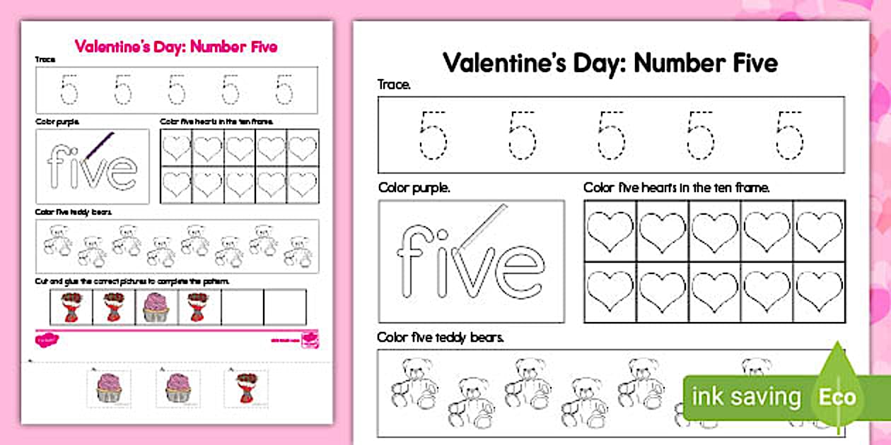 Valentine’s Day Number Five Worksheet | Resource | Twinkl