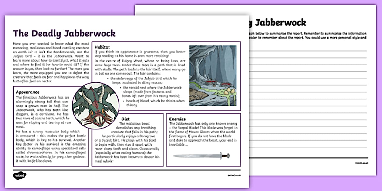 Editable The Deadly Jabberwock Non-Chronological Report Worksheet