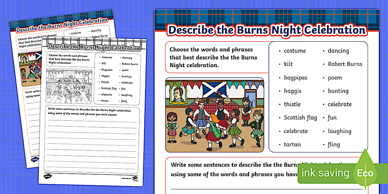 Describe the Burns Night Celebration Worksheet - Twinkl