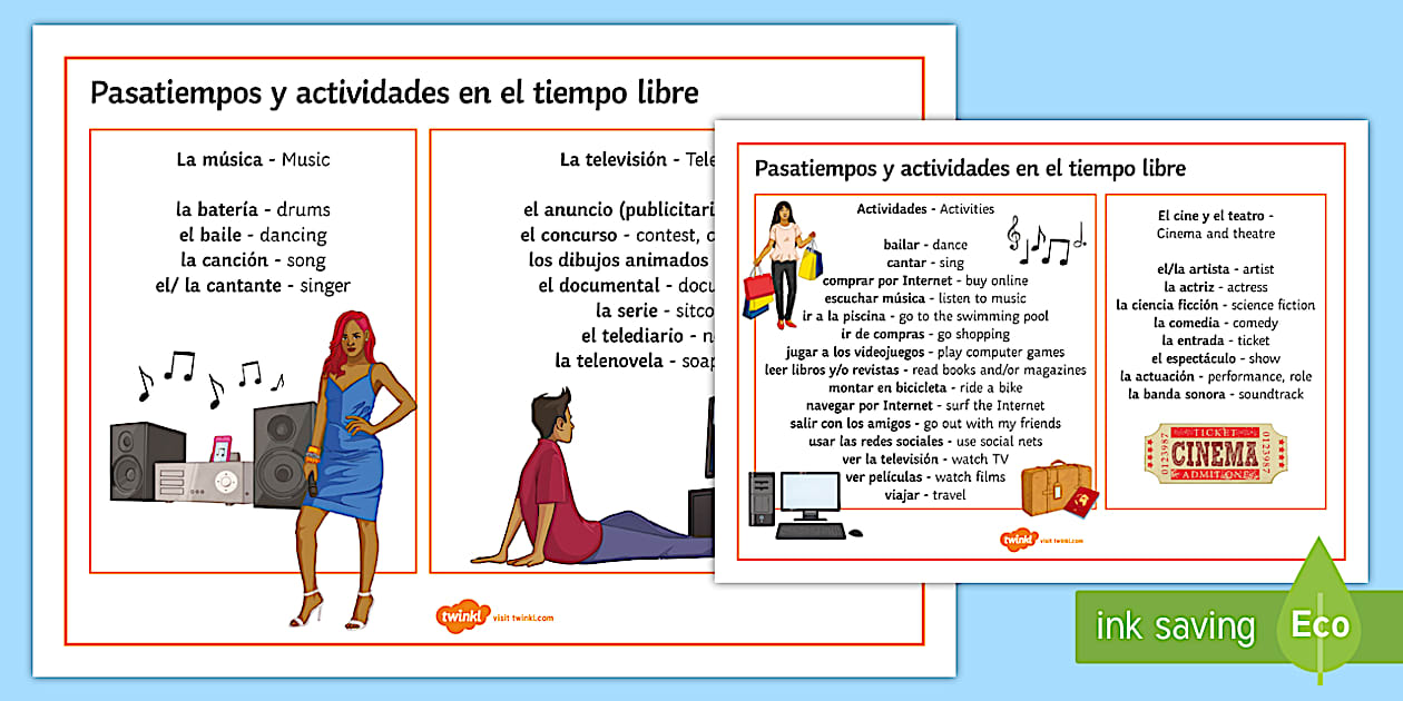 Hobbies and Free Time Activities Word Mat Spanish - Twinkl