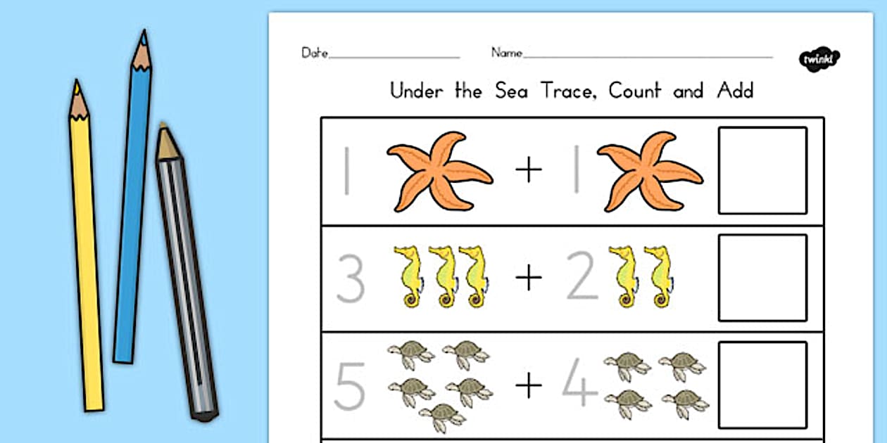 Black and White Under the Sea Trace, Count and Add Worksheet