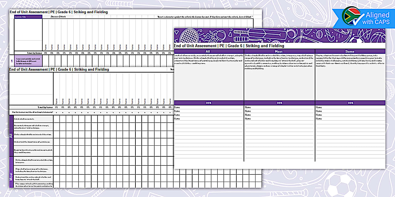 Grade 6 PE Striking and Fielding Assessment Spreadsheet