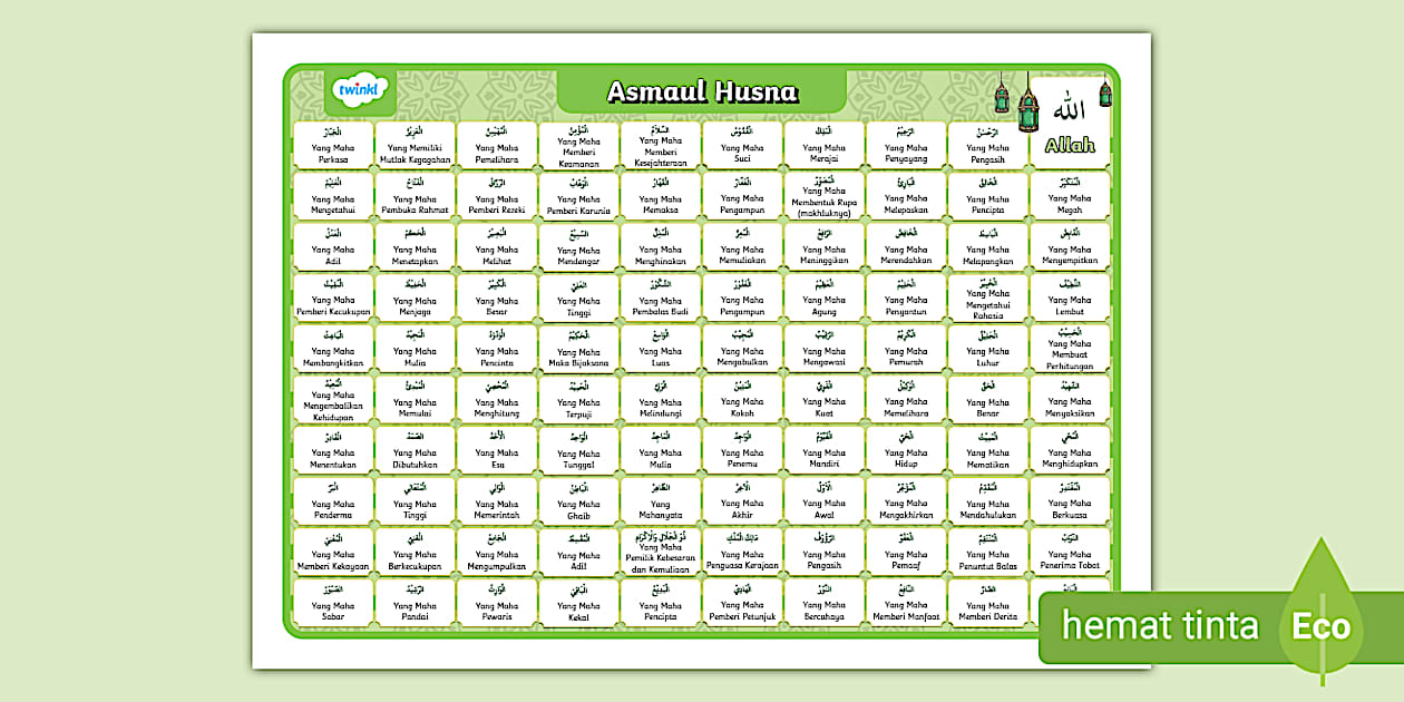 Poster Asmaul Husna 99 Nama Allah SWT (teacher made)