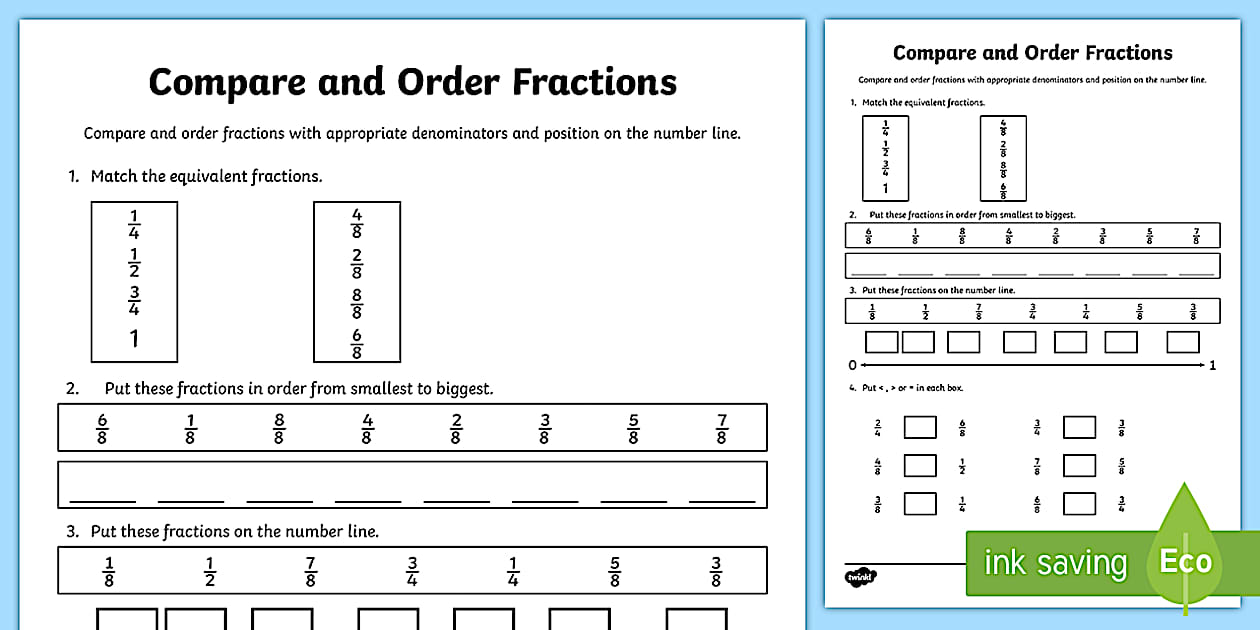 Compare and Order Eighths Worksheet - Twinkl