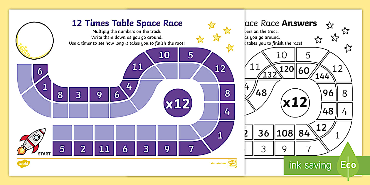 Twelve Times Table Space Race Worksheet - Twinkl