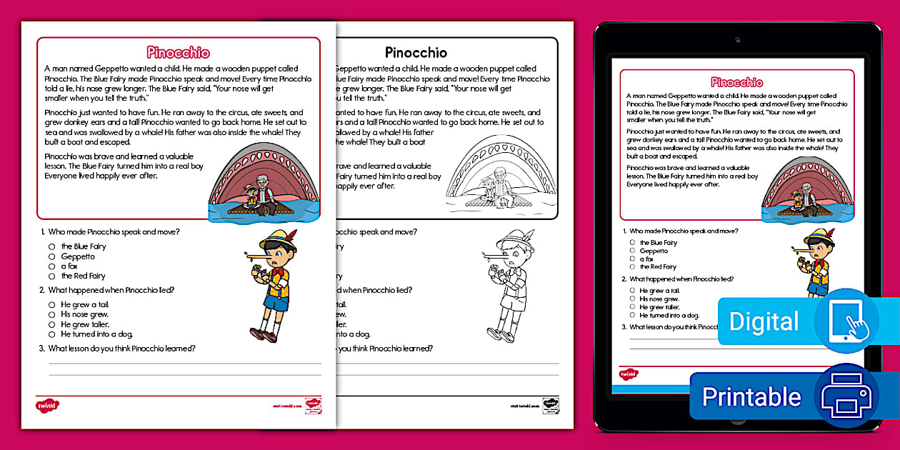 Second Grade Pinocchio Reading Passage and Comprehension