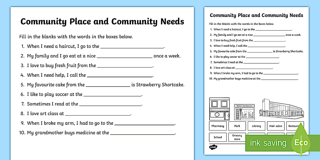 Editable Community Places and Community Needs Fill in the Blanks Worksheet