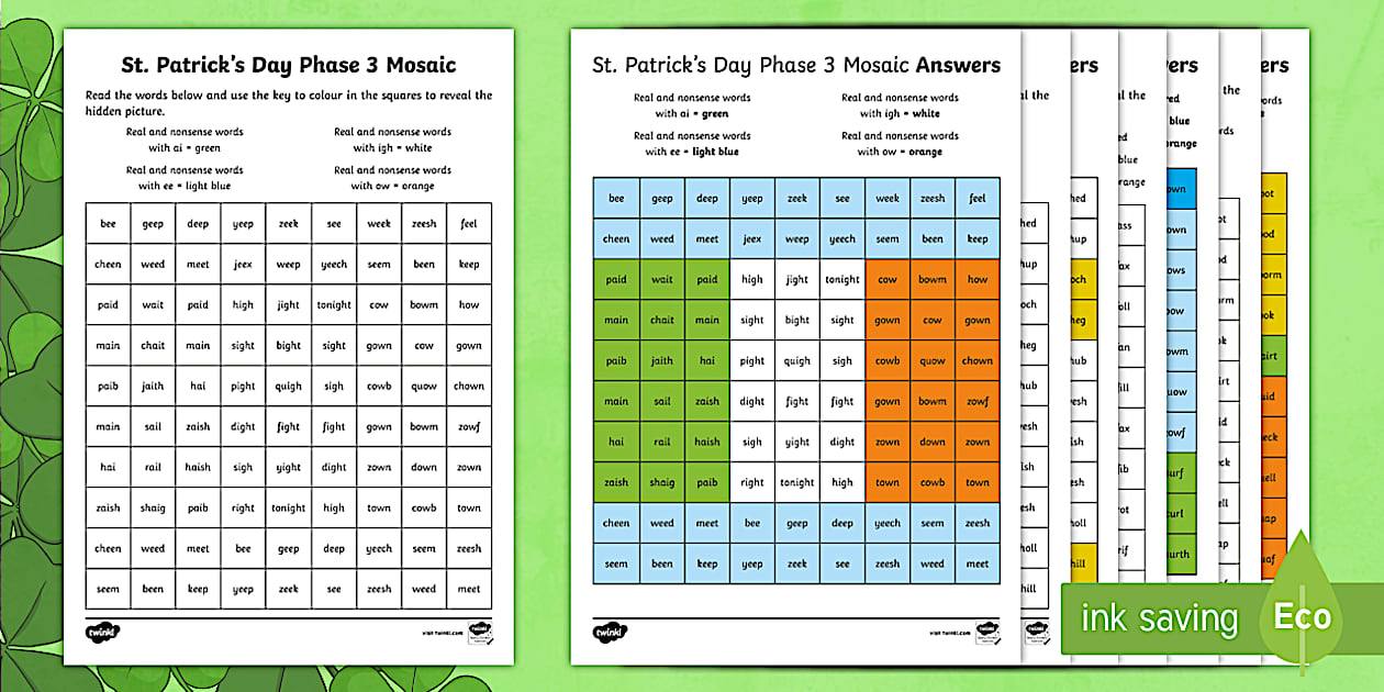 St. Patrick's Day Phase 3 Phonics Mosaic Worksheets