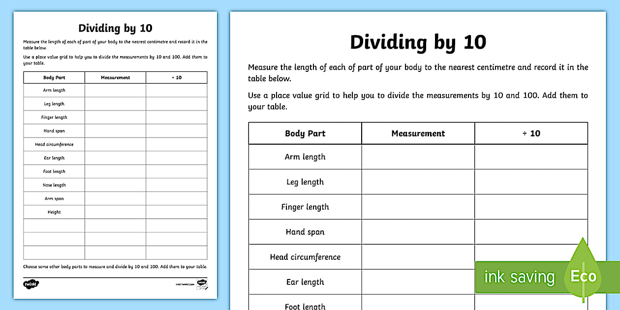 Dividing by 10 Measuring Worksheet - Twinkl