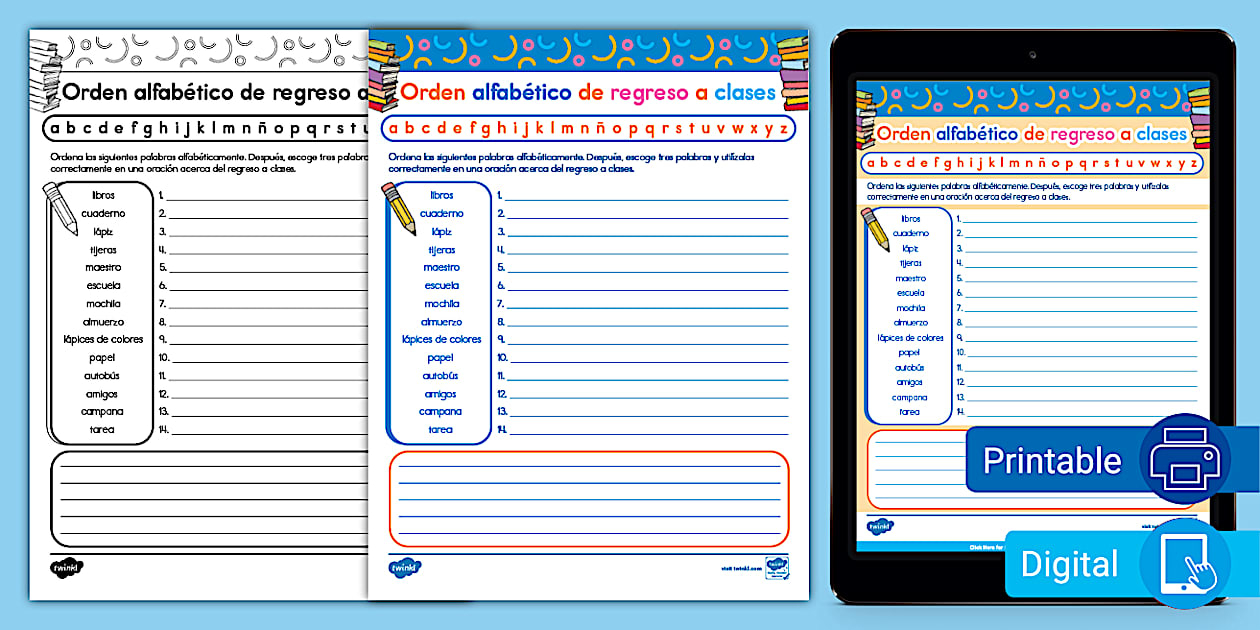 Actividad: Orden alfabético de regreso a clases - Twinkl