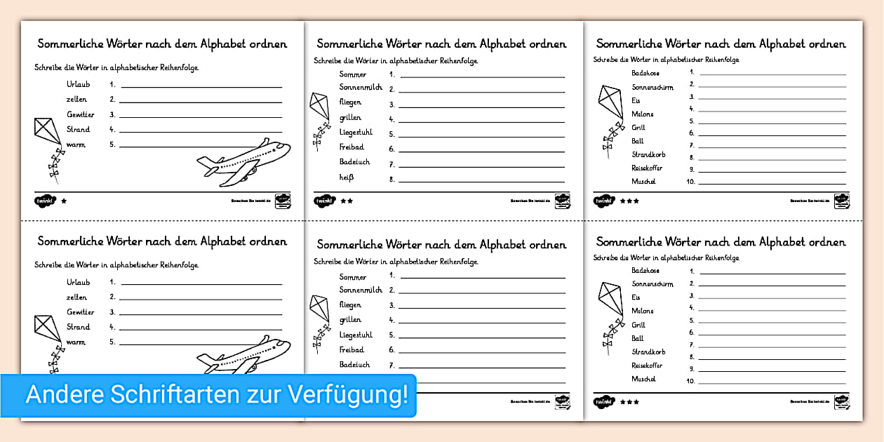 Sommerliche Wörter nach dem Alphabet ordnen - differenzierte Arbeitsblätter