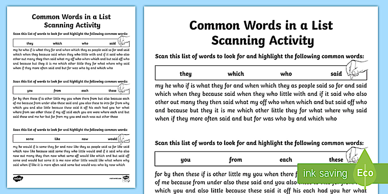 Common Words in a List Scanning Worksheet (teacher made)
