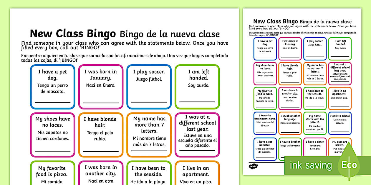 New Class Bingo English/Spanish - New Class Bingo - Twinkl