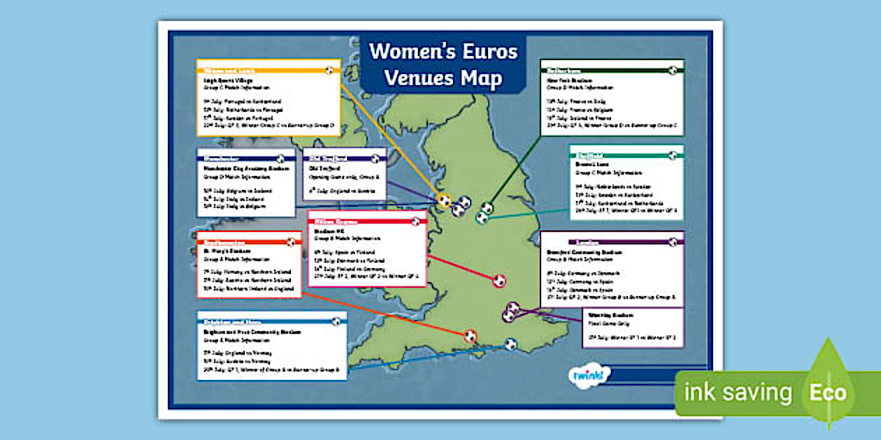 Women's Euros Venues Display Map - Twinkl - KS2