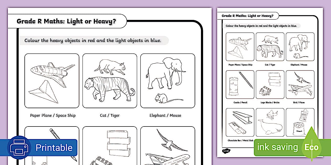 Grade R Mass Heavy and Light Colouring Activity - Twinkl