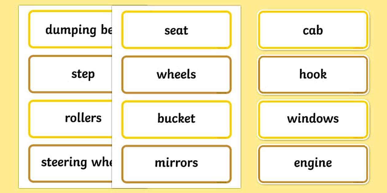 Cursive Building Site Construction Vehicles Parts Word Cards