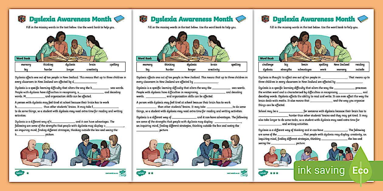 Dyslexia Awareness Month Differentiated Cloze Activity