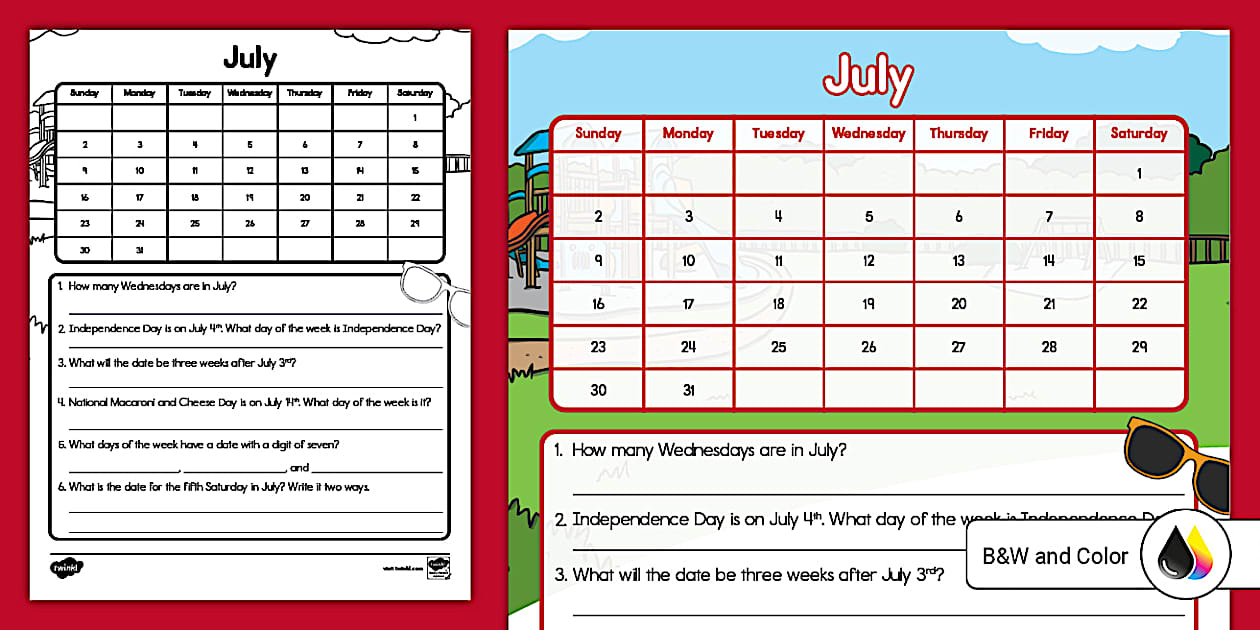 July Reading a Calendar Activity for K-2nd Grade - Twinkl