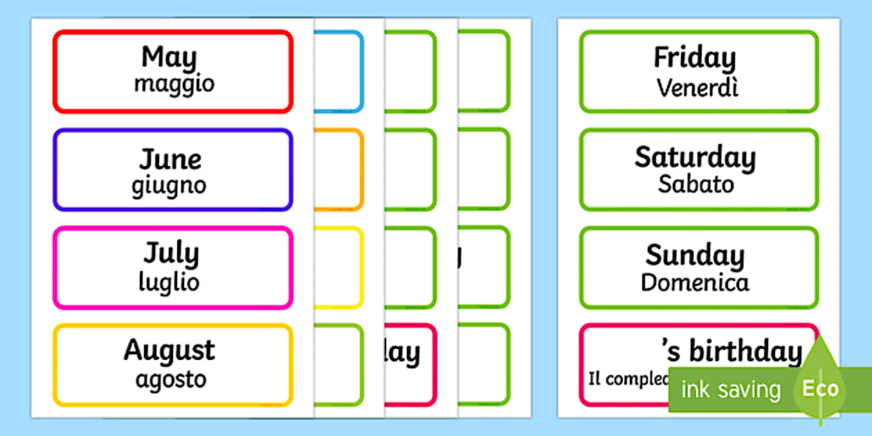 Days of the Week and Months of the Year Labels English/Italian
