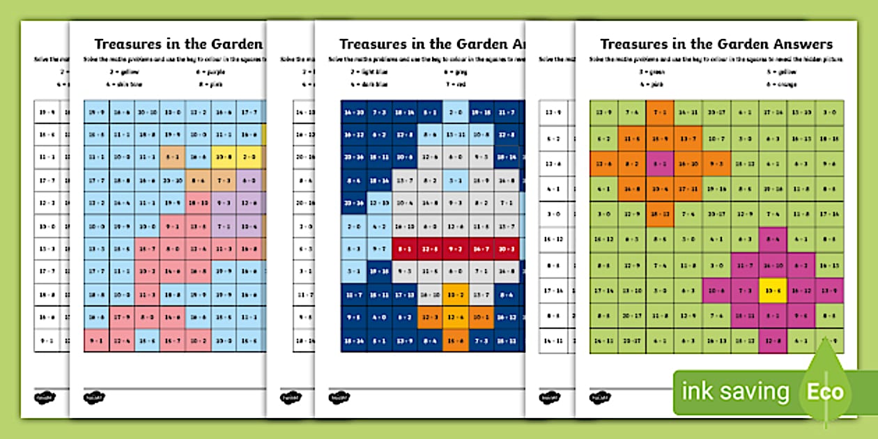 Editable Treasures in the Garden Subtraction Maths Mosaics Worksheets