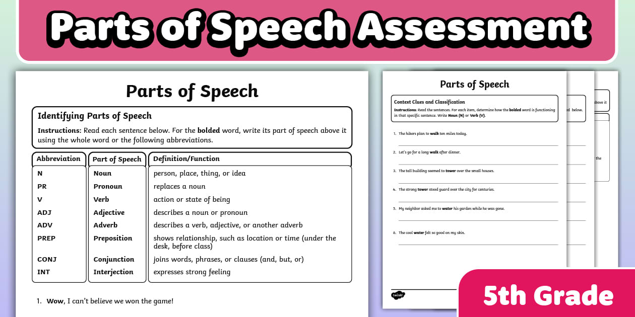 Fifth Grade Parts of Speech Assessment Worksheets