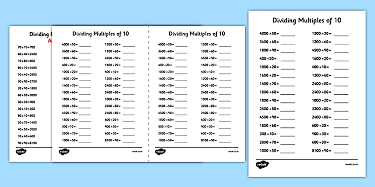 Dividing Multiples of 10 Using Known Facts A5 Worksheet / Worksheet