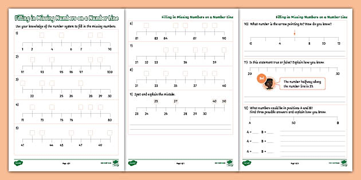 Filling in Missing Numbers on a Number Line Worksheet