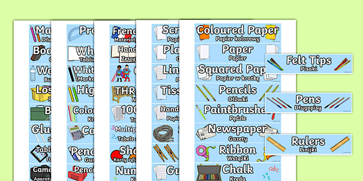 Classroom Equipment Tray Labels Polish Translation - Twinkl