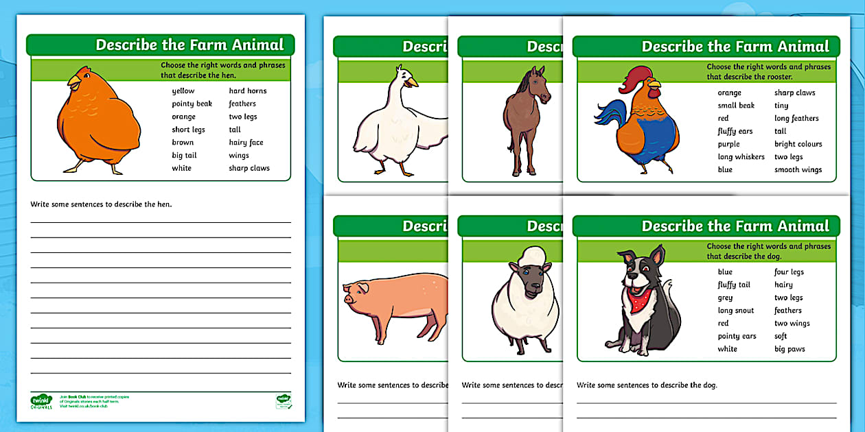 Describe the Farm Animals Writing Worksheet - Twinkl