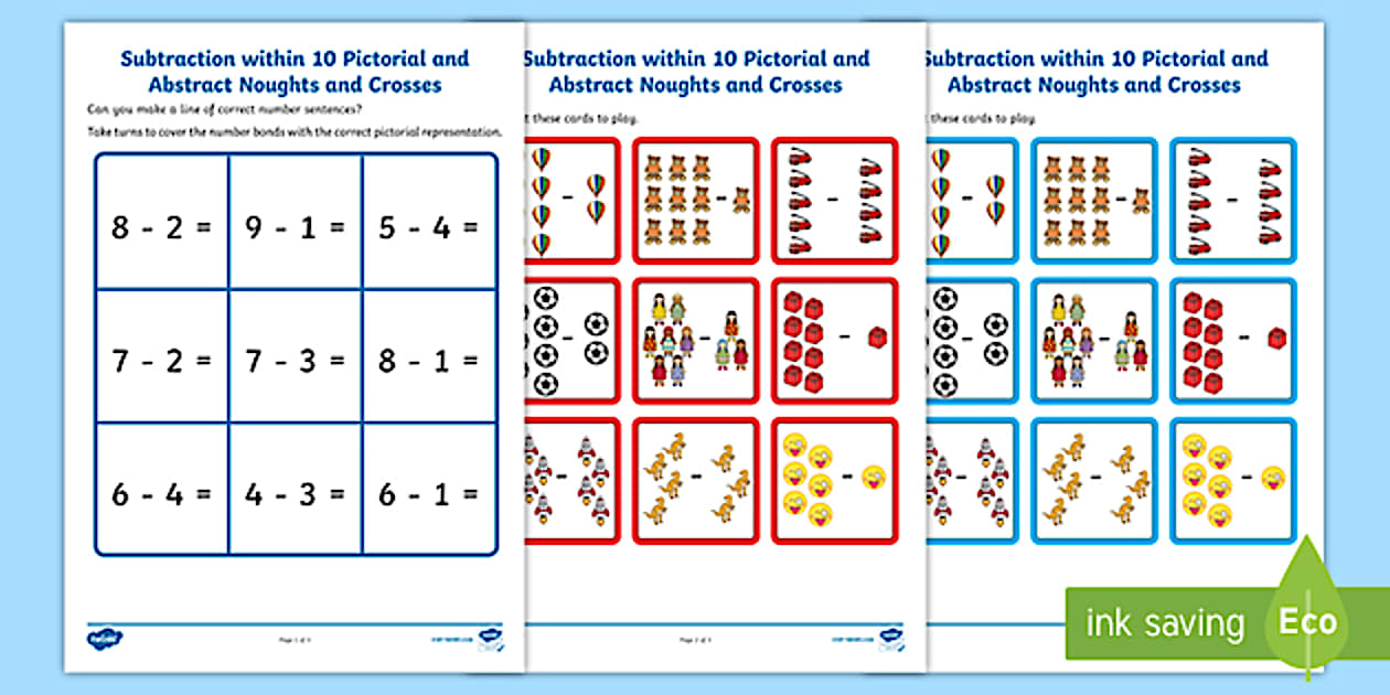 Subtraction within 10 Pictorial and Abstract Noughts and Crosses Activity