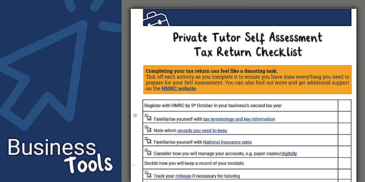 Private Tutor Self Assessment Tax Return Checklist - Twinkl