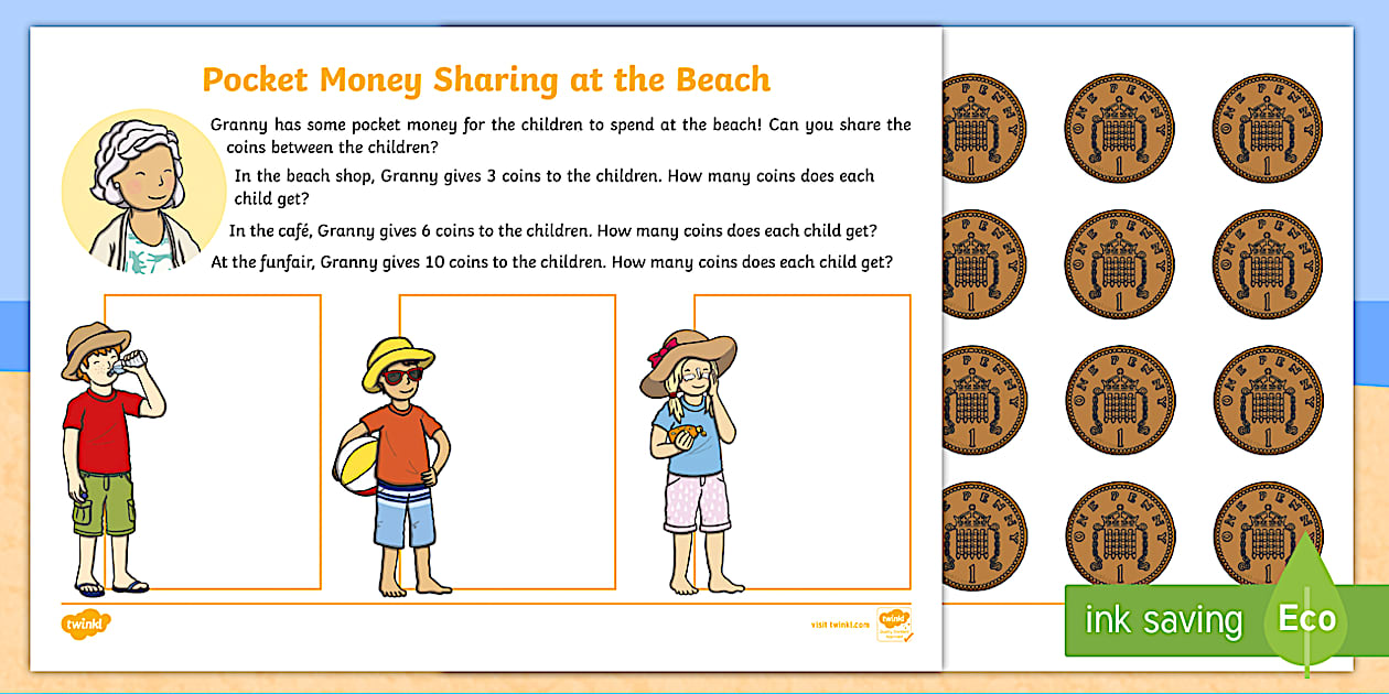 Pocket Money at the Beach Sharing Worksheets (teacher made)